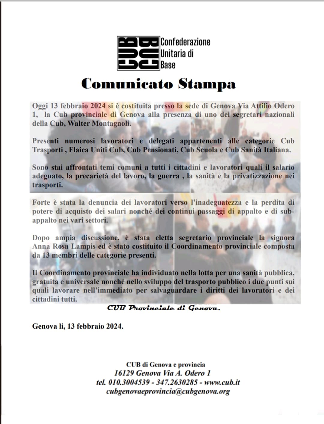 Costituita la Cub provinciale di genova - CUB